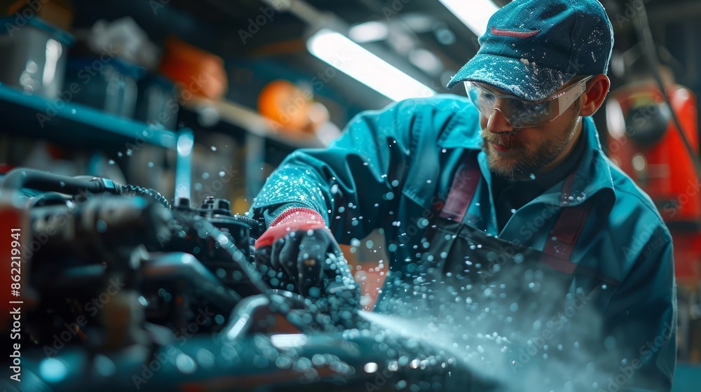 mechanic performing a detailed engine cleaning, using specialized ...