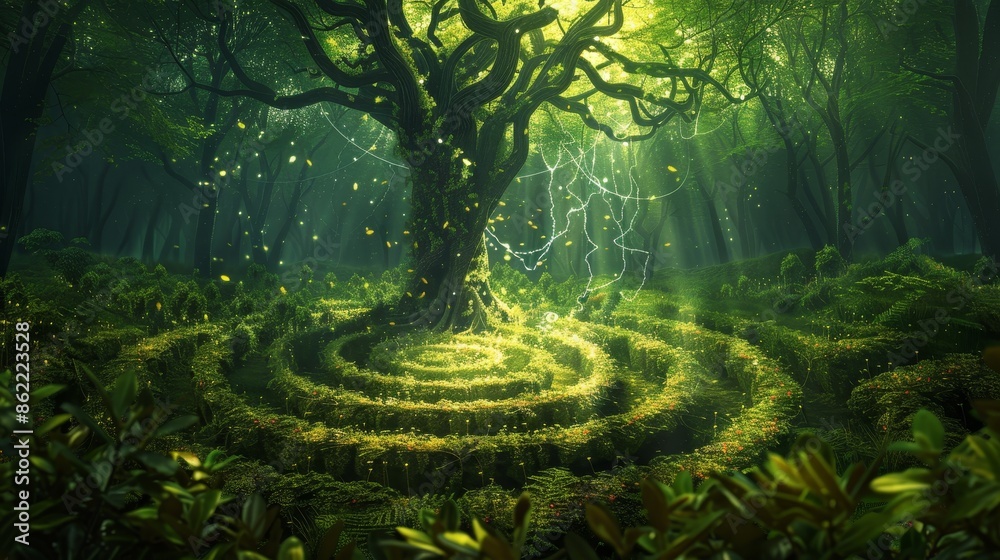 Enchanted forest maze, with a big tree in the center radiating magical ...