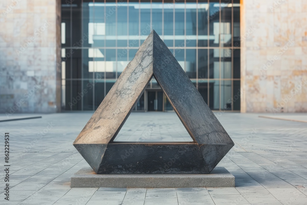 Geometric sculpture of a triangular shape in an urban setting ...