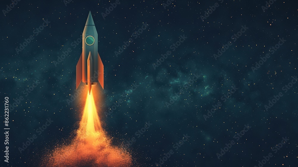 A retro-styled rocket ship launching into the starry night sky, with a ...