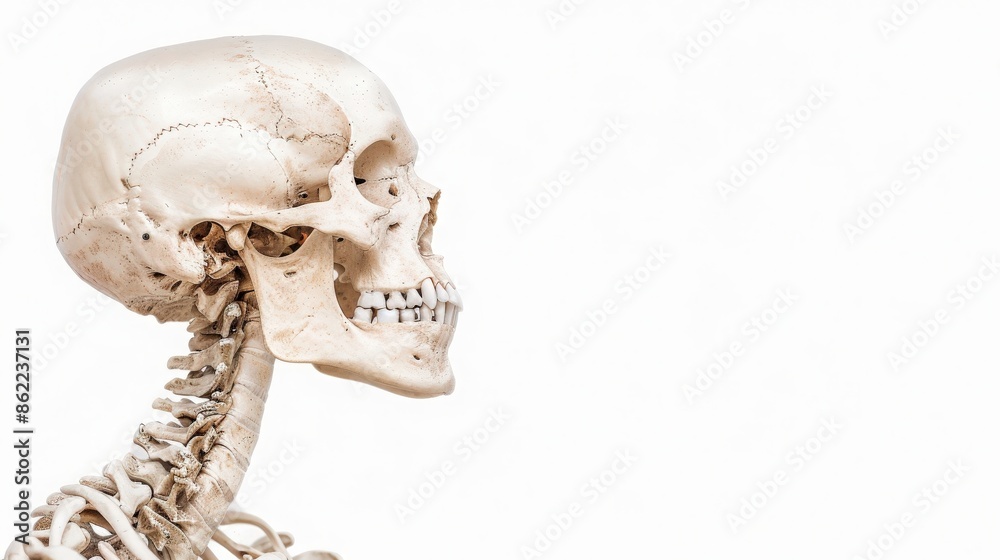 Detailed side view of a human skeleton isolated on white background ...