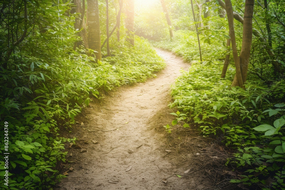 Sunlit forest path with lush greenery during daytime creates a peaceful ...