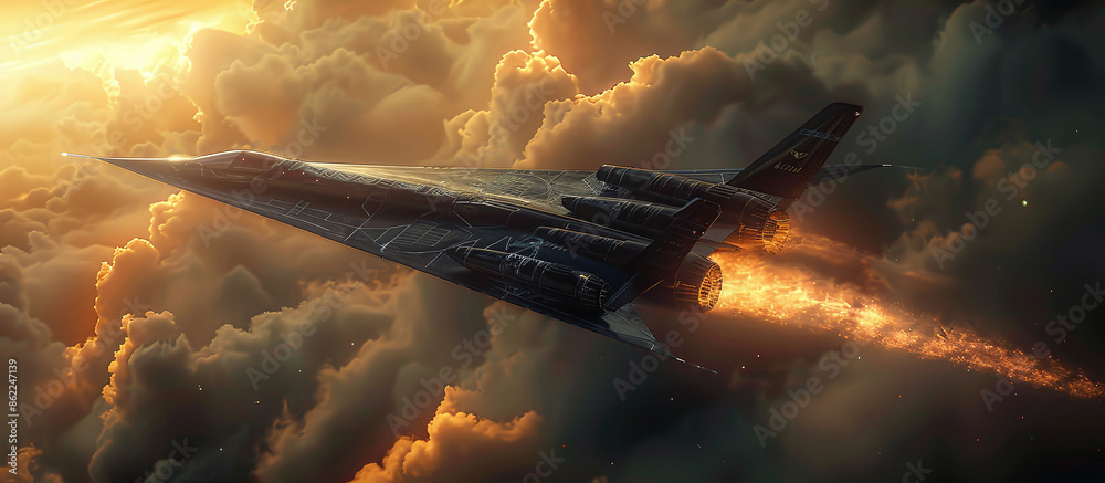 Lockheed SR-71 Blackbird jet flying through golden clouds and sunlight ...