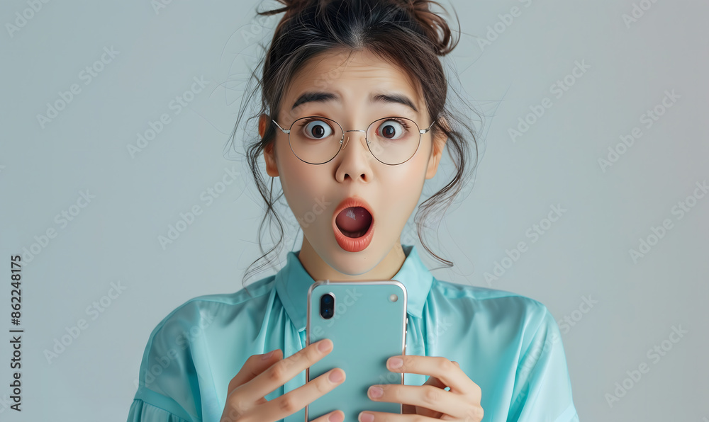 The woman looked at his smartphone with expressions of joy and shock ...