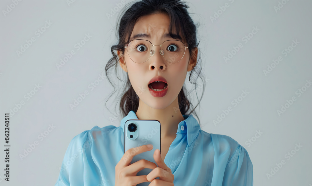 The woman looked at his smartphone with expressions of joy and shock ...