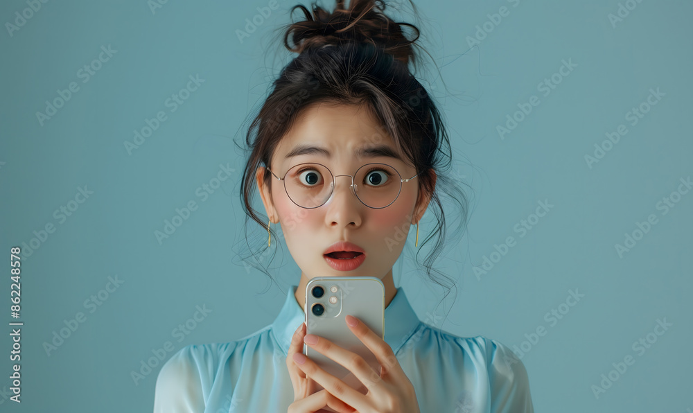 The woman looked at his smartphone with expressions of joy and shock ...