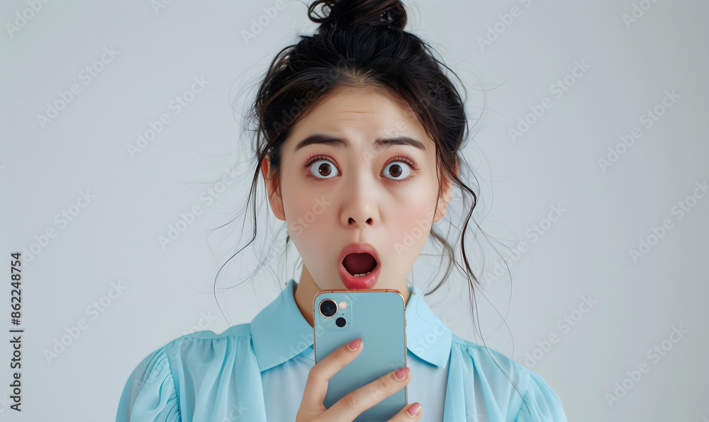 The woman looked at his smartphone with expressions of joy and shock ...