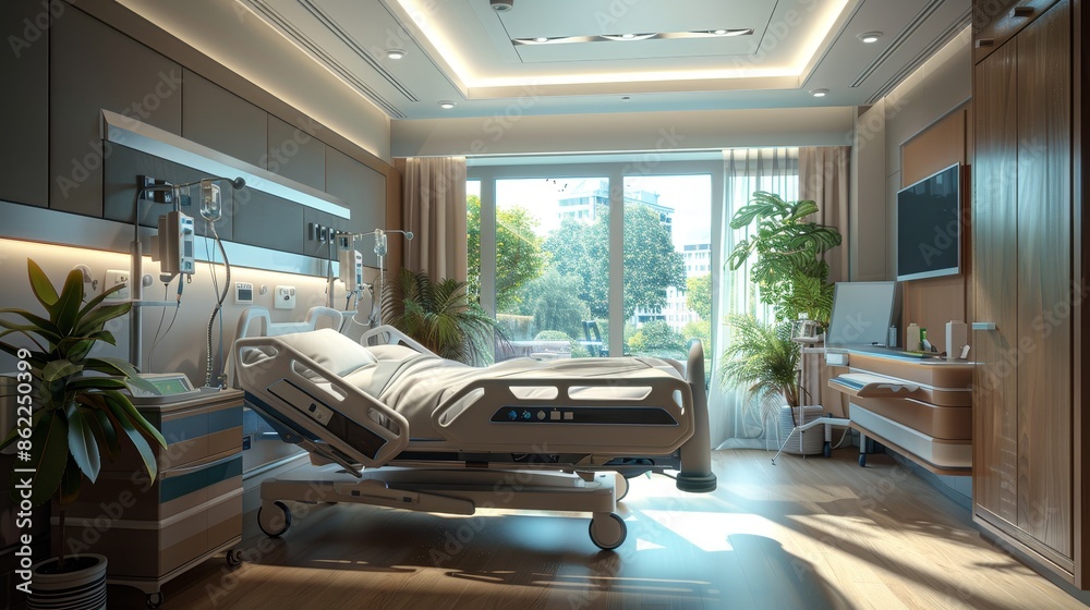 Comfortable hospital room with patient bed and modern medical equipment ...