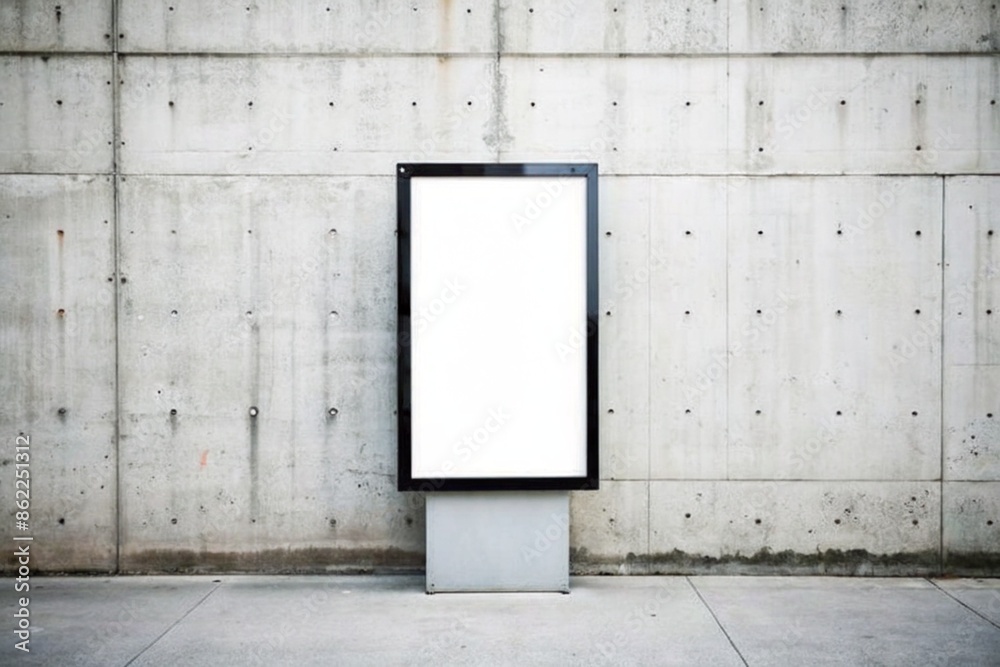 Blank billboard on wall. Wall is made of concrete and gray coloured ...
