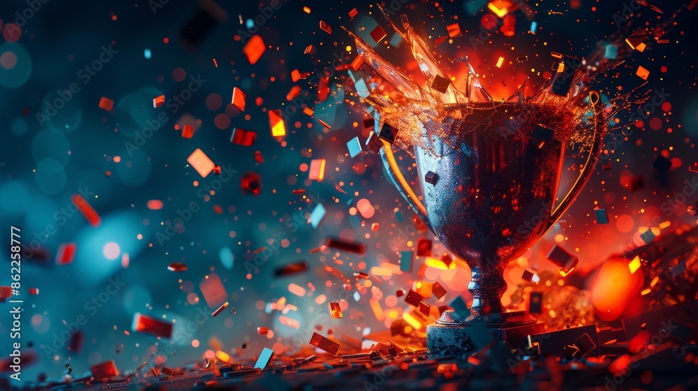 A dynamic 3D rendering of a trophy cup shattering into digital ...