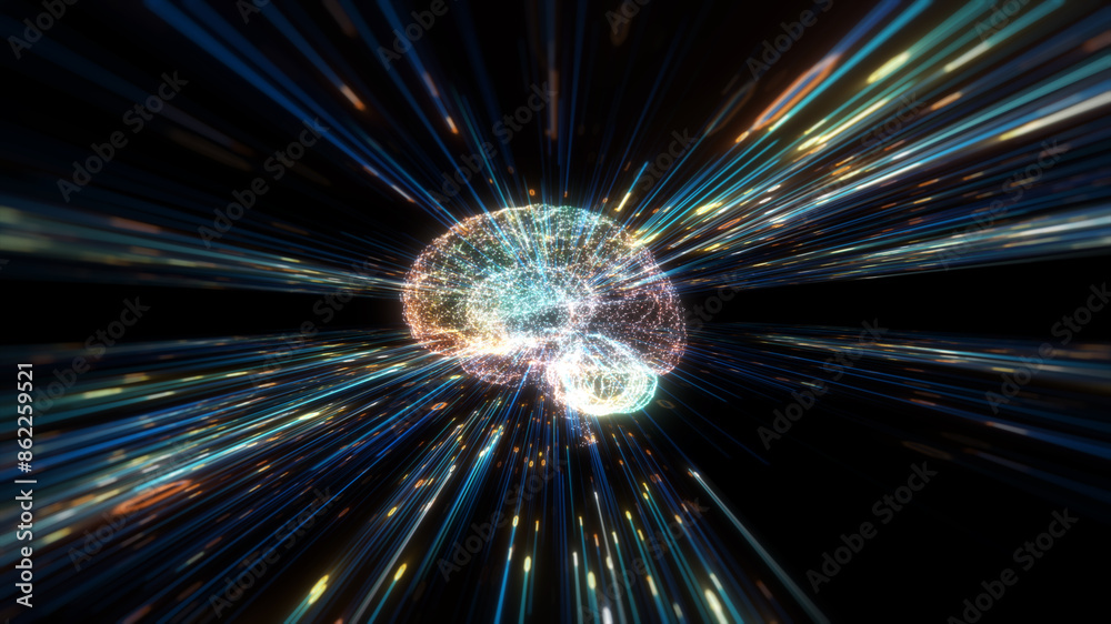 Artificial intelligence brain and binary coding animation, big data flow analysis, deep learning ...