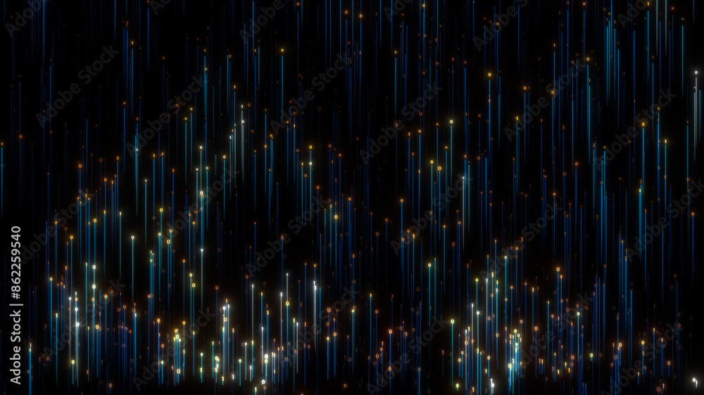 Big Data concept. abstract dark blue orange fast moving binary computer data. High speed motion ...
