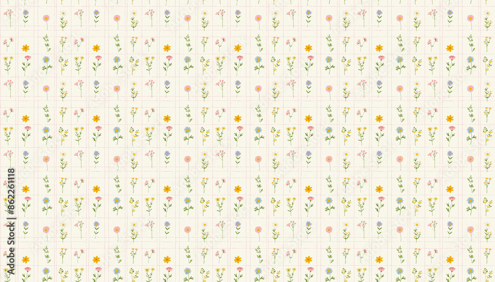 A pattern that features small flowers in grids in pastel colors on ...