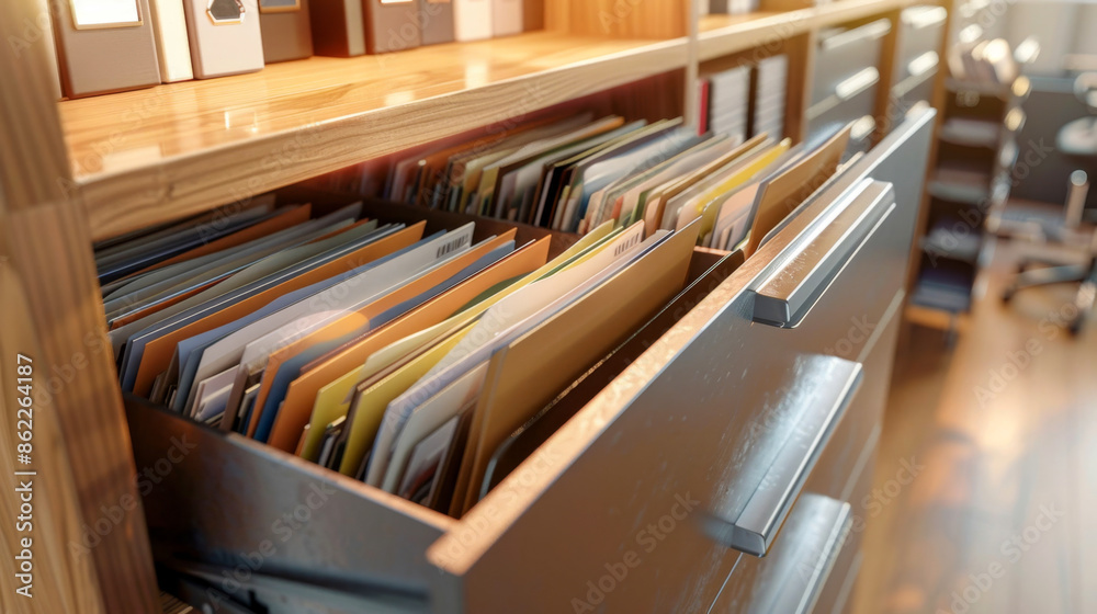A well-organized filing cabinet in a sunlit office suggests efficiency ...