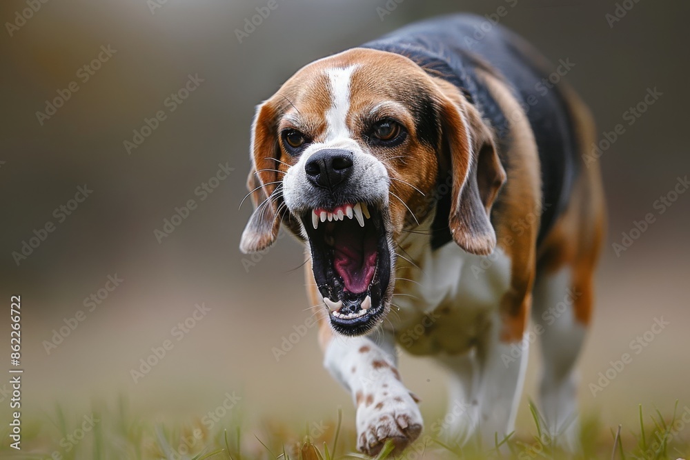 An aggressive Beagle with a menacing snarl, in a striking pose ready to attack, showing uncommon ...