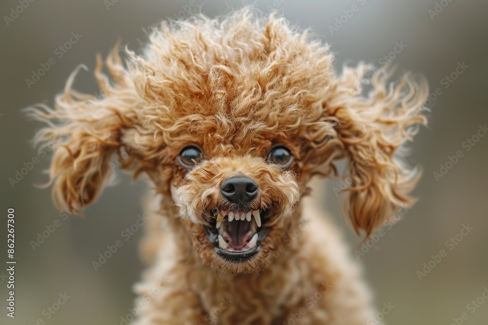An aggressive Poodle with a fierce look, poised for action, standing ...