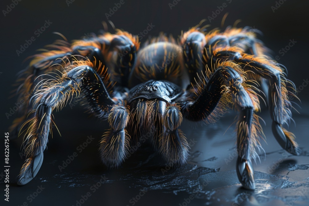A striking tarantula, with its hairy legs sprawled gracefully ...
