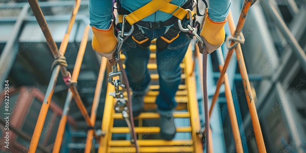 Construction worker secures safety harness for zip line at building ...