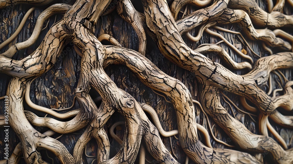 Tangled ancient tree roots with intricate textures and patterns representing natural complexity ...