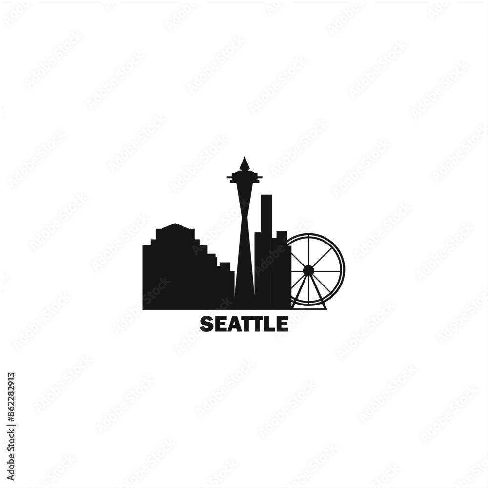 Seattle skyline, downtown panorama logo, logotype. USA, Washington ...