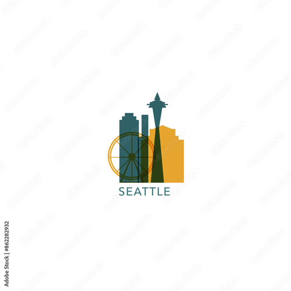 Seattle skyline, downtown panorama logo, logotype. USA, Washington ...