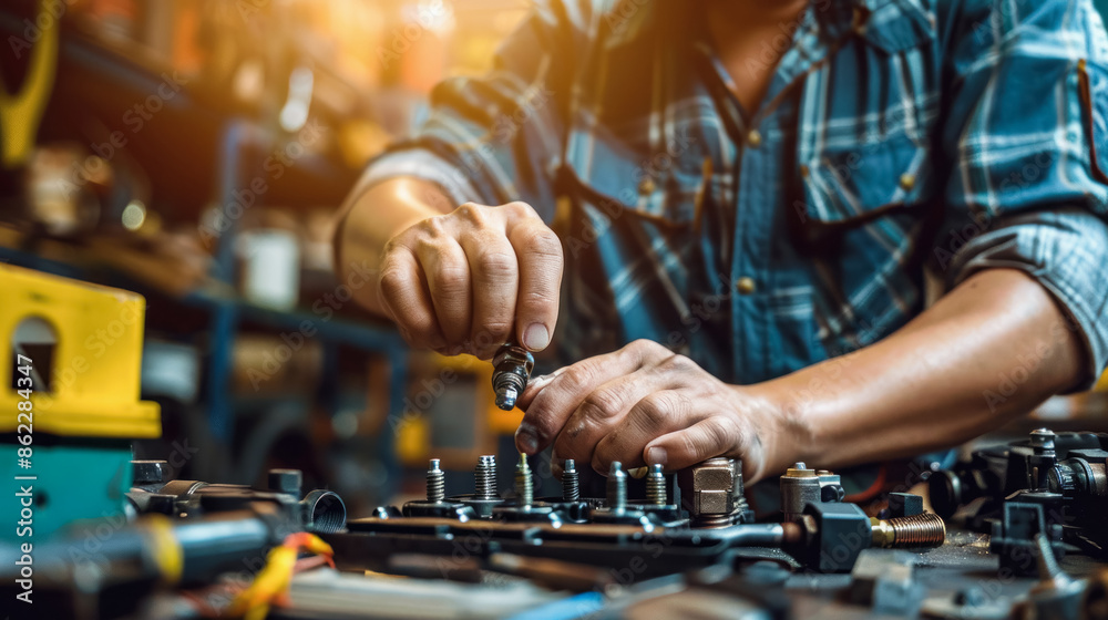 Close-up of mechanic's hands adjusting components with a tool, detailed ...