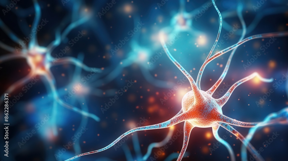 Microscopic image of a neuron with dendritic synapses and neurological ...