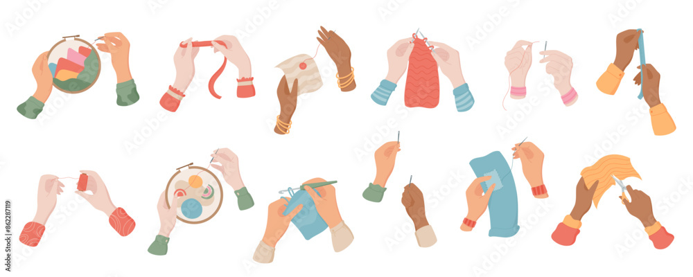 Set of hands sewing, knitting, and embroidering with thread and needle ...