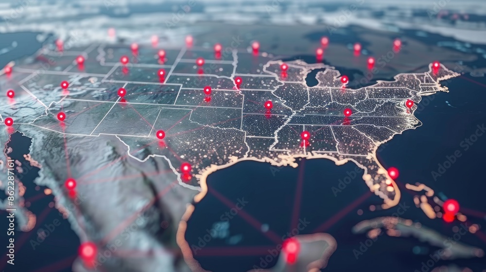 Map of the United States with red pins marking different locations ...