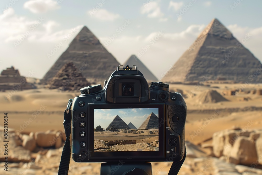 A digital DSLR camera on a tripod Photographing The red north pyramid ...