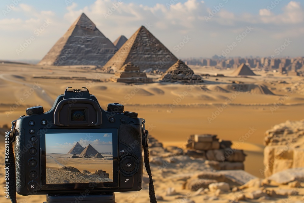 A digital DSLR camera on a tripod Photographing The red north pyramid ...
