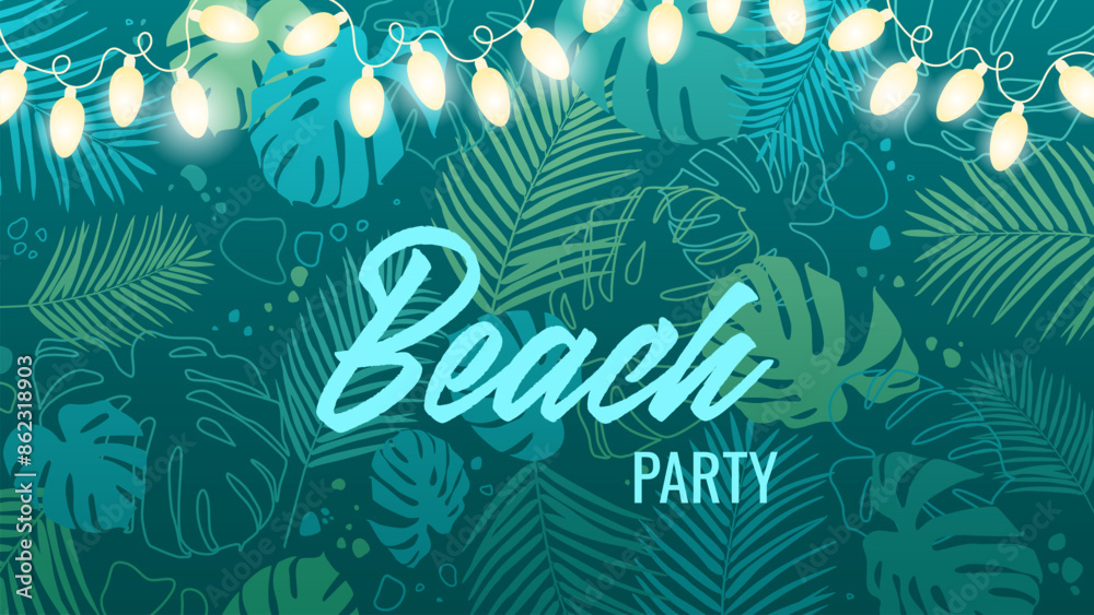 Beach Summer Party Tropical background with palms, leaves and hanging ...
