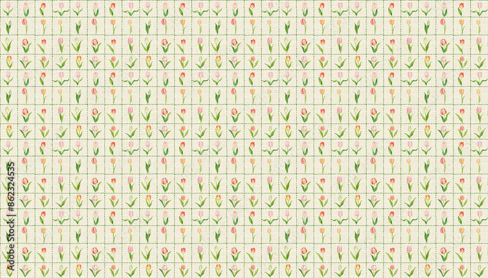 A pattern that features small flowers in grids in pastel colors on ...