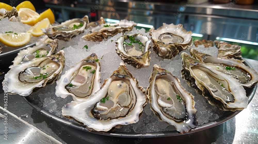 Fresh oyster bar display featuring an assortment of different types of ...
