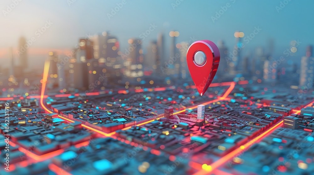 Digital illustration of a 3D location pin icon hovering above an earth ...