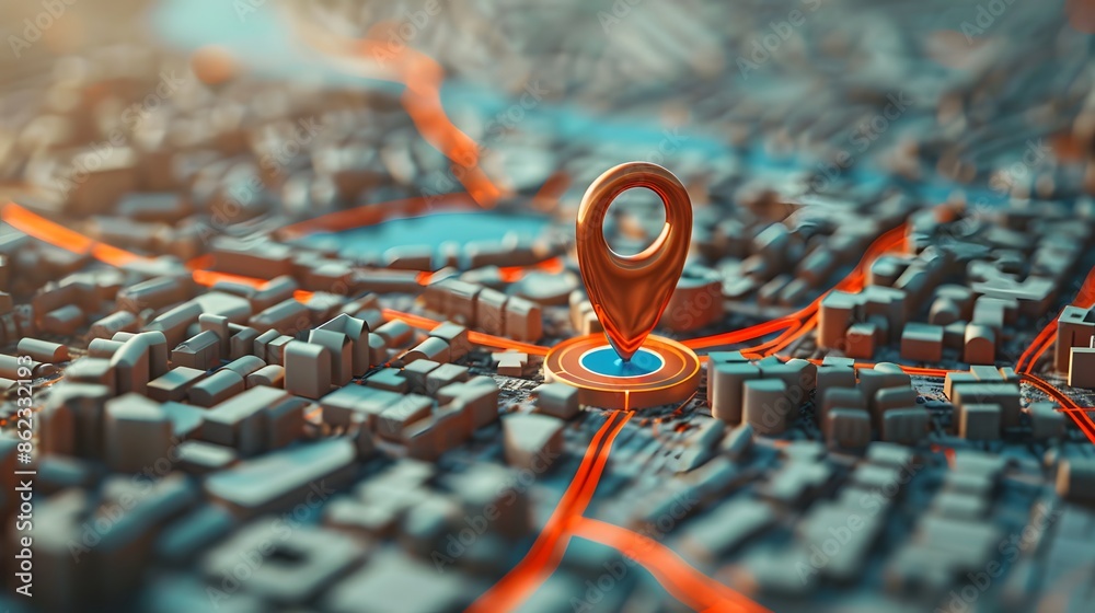 Artistic rendering of a 3D location pin icon positioned on an earth ...