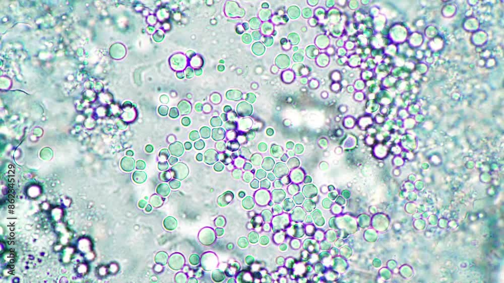 This video shows a close-up view of yeast cells under a microscope at ...