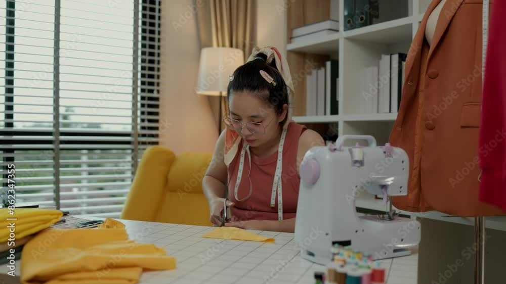 designer is cutting fabric according to the pattern the customer wants ...