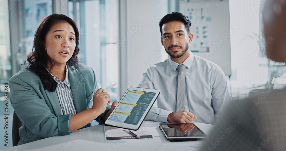 Job interview, people and tablet screen of resume for business ...