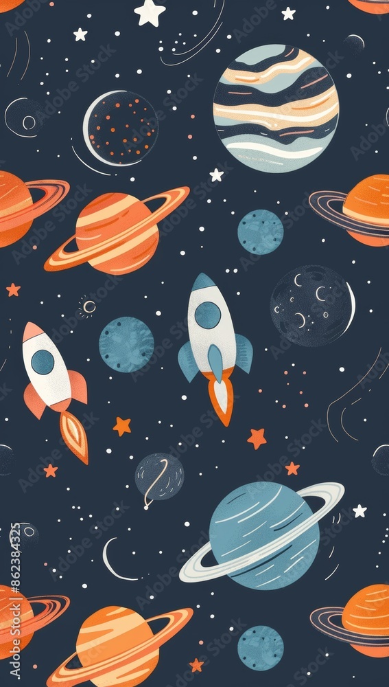 Cute space themed wallpaper for kids featuring rockets and planets in a ...