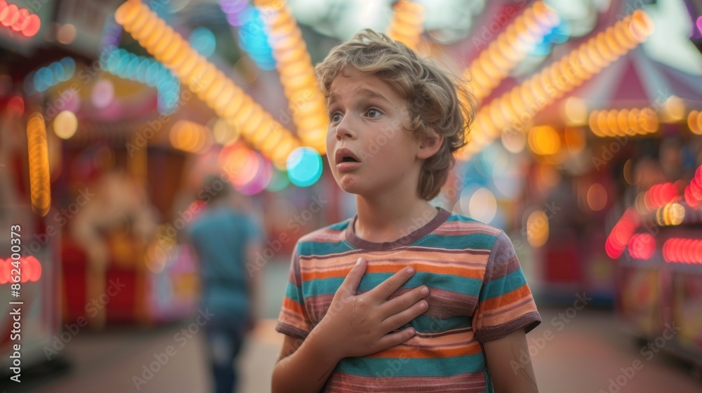 Image of a young boy showing panic symptoms while in an amusement park ...