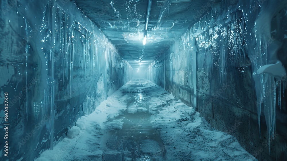 Inside a freezer, an icy tunnel with frost-covered walls, showcasing ...