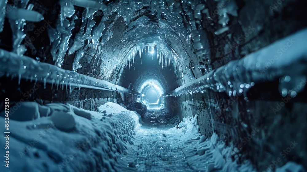 Inside a freezer, an icy tunnel with frost-covered walls, showcasing ...