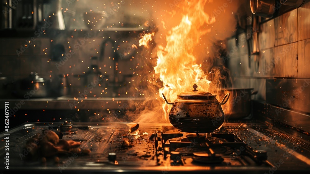 Kettle boiling over open fire in a modern kitchen, raw and immersive ...