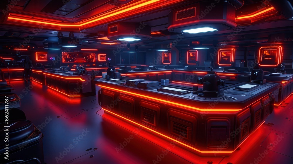 Futuristic cyberpunk office with neon lights and advanced technology ...