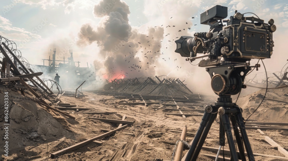 A vintage war film set designed as a battlefield with trenches and ...