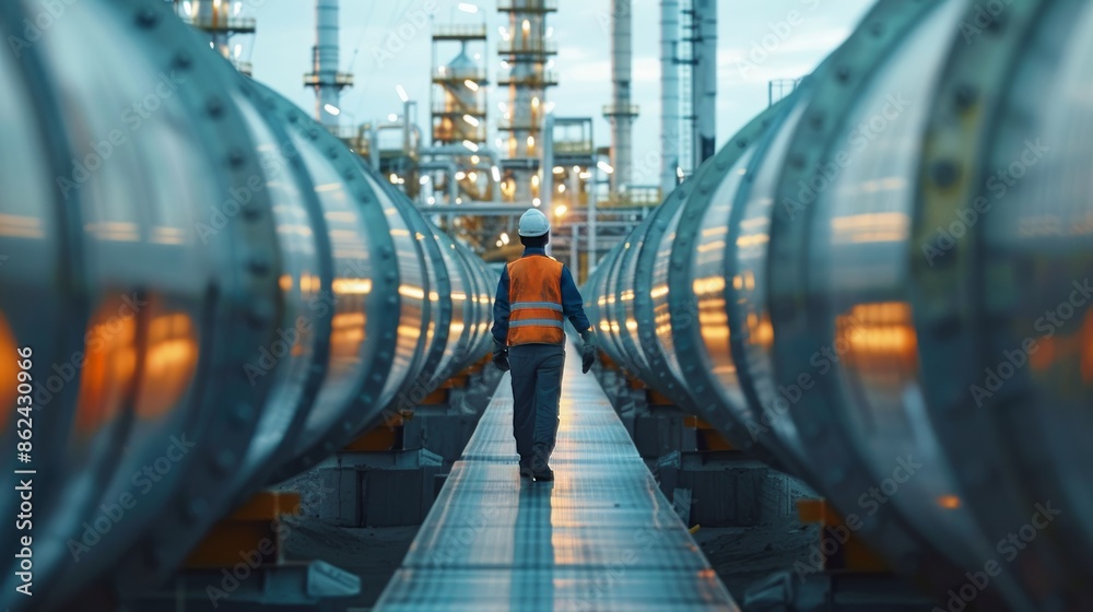 Worker maneuvering inside a pipeline, with large industrial towers in ...