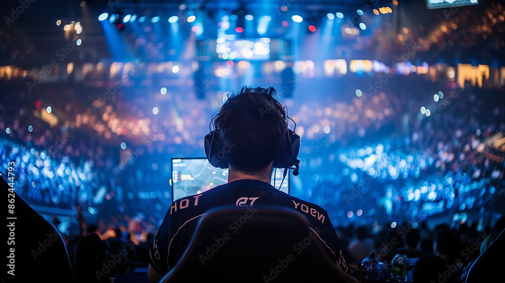 pro gamer man in headphones live streaming while playing online ...