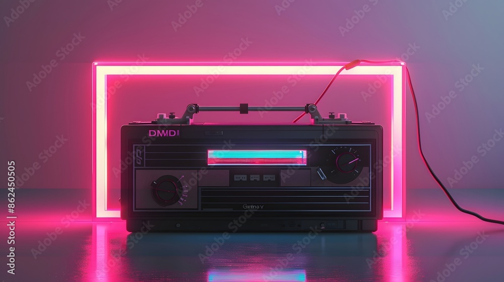 Classic Walkman player with a neon LED light sign backdrop., isolated ...