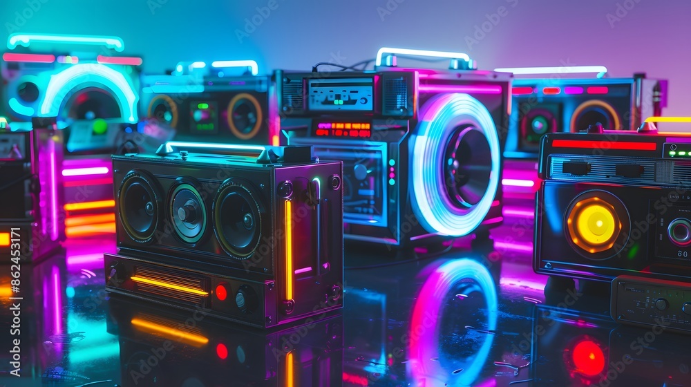 Boomboxes and mixtapes with vibrant neon LED light highlights ...